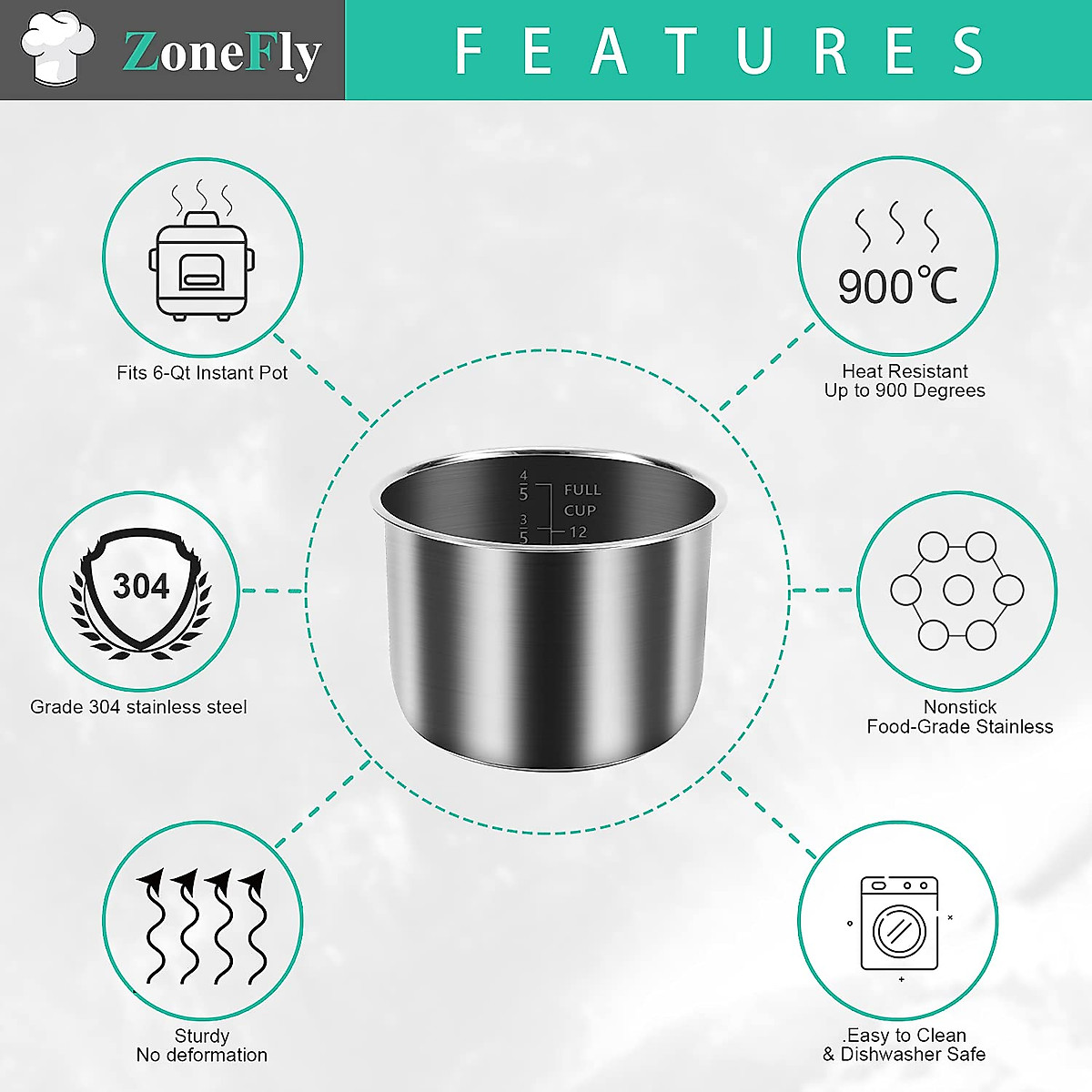 ZoneFly Stainless Steel Inner Pot Compatible with Instant Pot 6 Qt, Original Cooking Pot for 6 Quart InstaPot Replacement Pot, Polished Surface Non-Stick and 2 Sealing Rings for Insta Pot Cooker