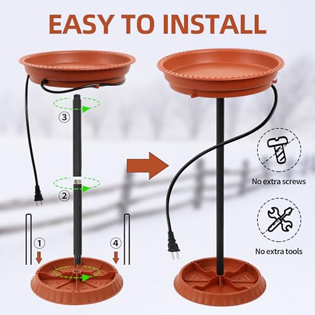 Heated Bird Bath for Outdoors for Winter, 75W Bird Bath Water Heater Bird Bath Deicer,Deep Bowl Thermostatic Control Weather Resistance Stylish Design with Planter Pedestal for All Seasons(Brown)