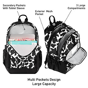 Choco Mocha Cow Print Backpack for Teen Girls, Travel School Backpack for Girls Middle School Large Bookbag 18 Inch, Black