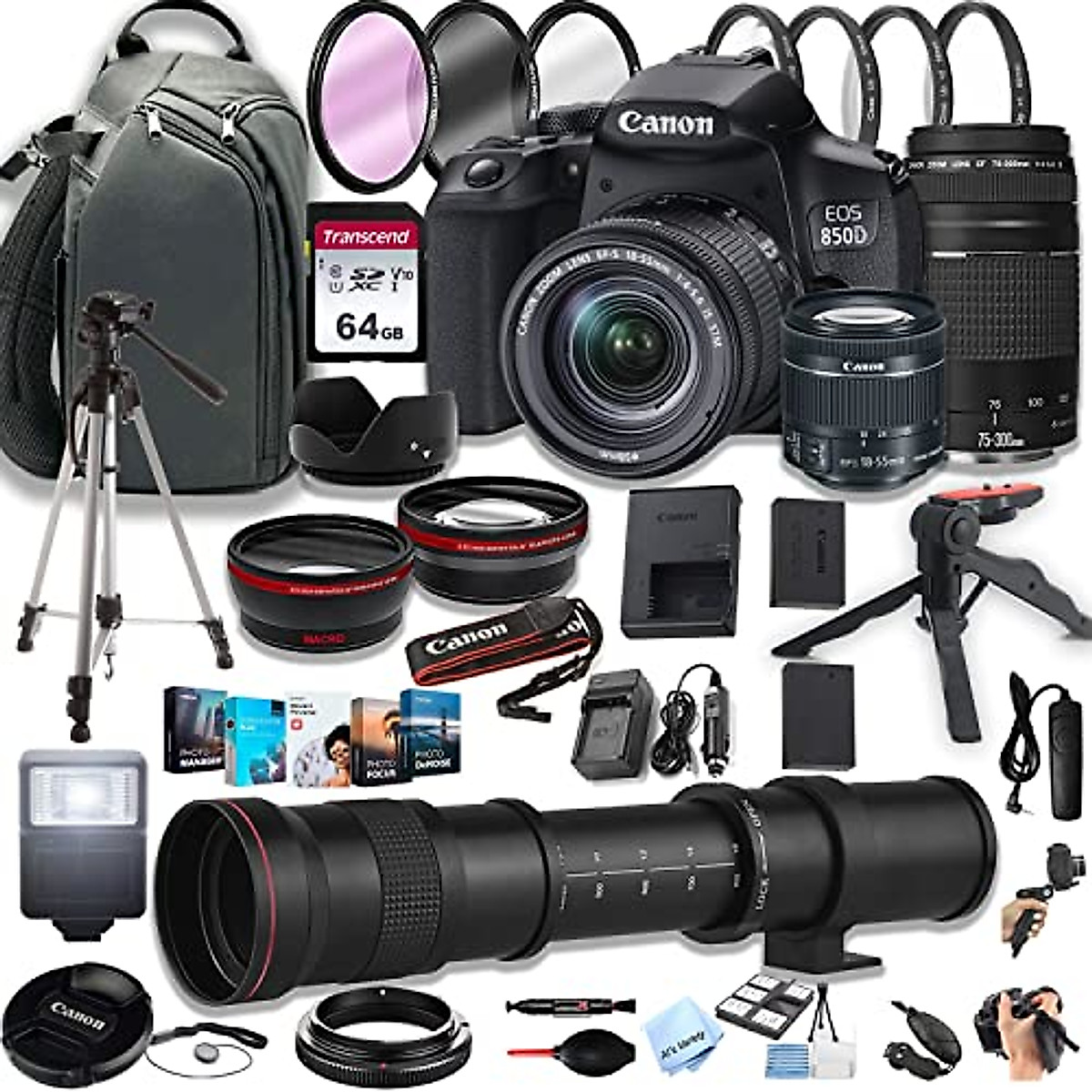 Canon EOS 850D (Rebel T8i) DSLR Camera w/EF-S 18-55mm F/4-5.6 STM Zoom Lens + 75-300mm F/4-5.6 III Lens + 420-800mm Super Telephoto Lens + 64GB Memory Cards, Professional Photo Bundle (44pc Bundle)
