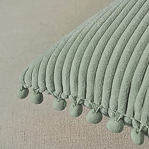 Fancy Homi Pack of 2 Sage Green Lumbar Decorative Throw Pillow Covers with Pom-poms, Soft Corduroy Solid Rectangle Cushion Cases Set for Couch Sofa Bedroom Car Living Room (12x20 Inch/30x50 cm)