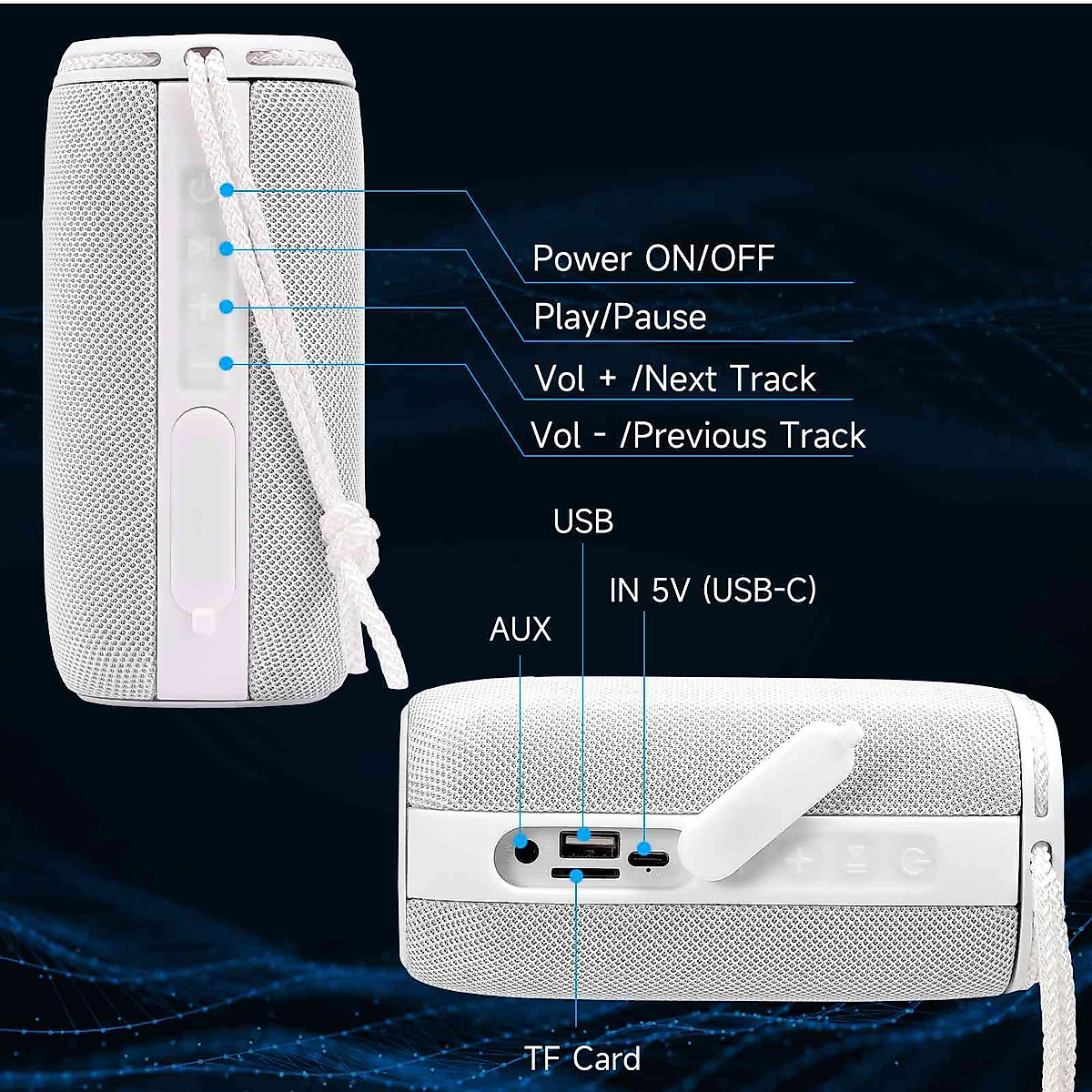 UrbanX Scorpio Series Bluetooth Speaker, IPX6 Waterproof Speakers HD Surround Sound with Punchy Bass, True Wireless Pairing, BT5.3, Portable Speaker for Redmi Note 4 - White