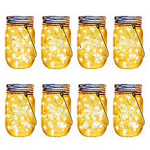 Aikeve Mason Jar Solar Lights,8 Pack 30 Led Fairy Hanging Jar Lights,Solar Lanterns for Outdoor Patio Party Garden Wedding Christmas Decor Lights(Mason Jars/Handles Included)