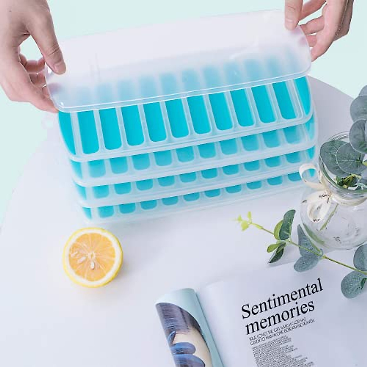 Ice Cube Tray with Lid,Ice Trays,Silicone Ice Cube Tray,Pop Out Ice Cube Tray,Reusable Ice Stick Tray,BPA Free, for Whiskey, Cocktail, Stackable Flexible Ice Molds,Dishwasher Safe (blue , pack of 1)