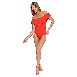 Trina Turk Women's Standard Monaco Ruffled One Piece Bandeau Swimsuit-Off Shoulder, Bathing Suits, Flame, 8