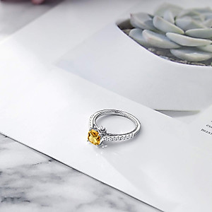 Gem Stone King 925 Sterling Silver Yellow Citrine and White Created Sapphire Engagement Ring For Women (1.20 Cttw, Cushion 6MM, Gemstone November Birthstone, Available In Size 5, 6, 7, 8, 9)