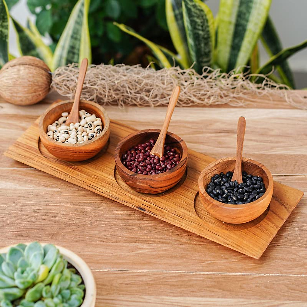 Rainforest Bowls Set of 3 Javanese Teak Wood Condiment Dipping Bowls w/Tray & 3 Spoons- Hot & Cold Friendly, Ultra-Durable - Exclusive Luxury Custom Design Handcrafted by Indonesian Artisans