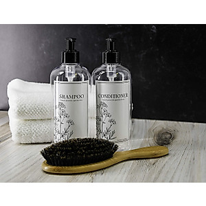 Modern Refillable Shampoo and Conditioner Dispensers by AylaMae | 500ml / 16.9oz PET Plastic Bottles (Clear with Printed Labels)