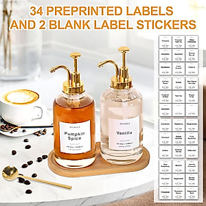 Coffee Syrup Dispenser for Coffee Bar, 16.9oz 500ml Glass Syrup Dispenser w Golden Coffee Scoop, Coffee Syrup Pump Dispenser w 36 Labels and Bamboo Tray, Coffee Syrup Bottles with Golden Pump, 2PCS