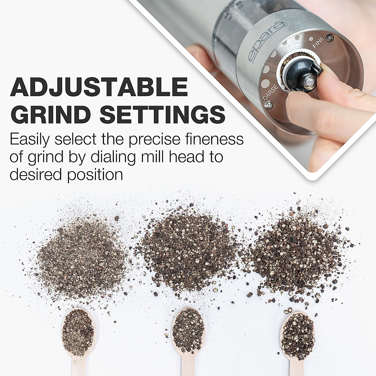 Eparé Bundle: Electric Salt or Pepper Grinder - Battery Operated Ceramic Burr Peppermill Shaker (Metallic) & Electric Salt or Pepper Grinder - Battery Operated Ceramic Burr Peppermill Shaker (Copper)