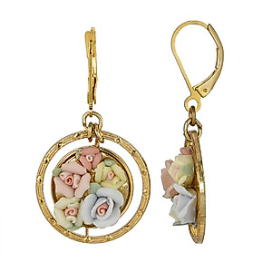1928 Jewelry Multicolor Porcelain Rose Round Lever Back Drop Earrings