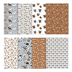 Soimoi 8 Pc Fat Quarter Bundle- Dog Print 18"x 22" DIY Patchwork- 100% Cotton Pre-Cut Quilting Fabric Gray-White- Brown