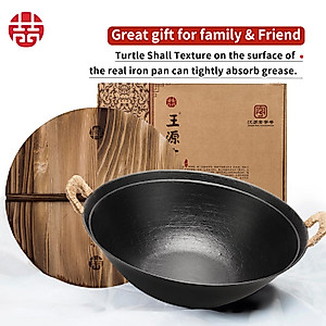 WANGYUANJI Handmade Cast Iron Wok 14.2" Large Woks Stir-Fry Pans with Dual Handle,Fry Pan Suitable for Induction, Electric, Gas, Halogen All Stoves-Black,Uncoated Craft Wok Healthy Cooking Wok