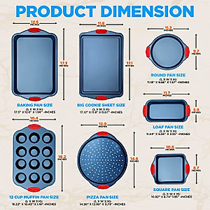 NutriChef 8-Piece Nonstick Baking Pan Set - Premium Carbon Steel Bakeware w/ Silicone Handles - Includes Pizza Tray, Loaf Pan, 12-Cup Muffin Pan, Round/Square Pans, & Cookie Sheet - Blue