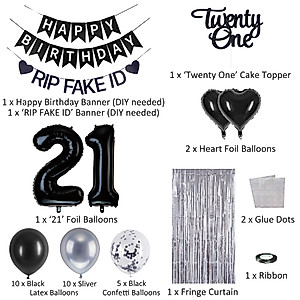 21st Birthday Decorations, Happy 21st Birthday Decorations with Happy Birthday Banner, Sliver Foil Curtains, RIP FAKE ID 21 Balloons Kit, Black Cake Topper, 21st Birthday Decorations for Him