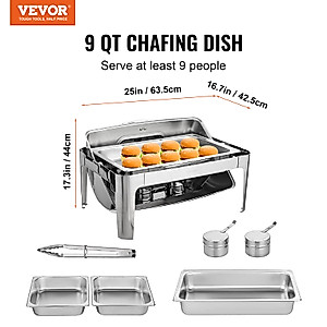 VEVOR Roll Top Chafing Dish Buffet Set, 9 Qt, Stainless Steel Chafer with 2 Half Size Pans, Rectangle Catering Warmer Server with Visible Lid Water Pan Stand Fuel Holder Clip, for at Least 9 People