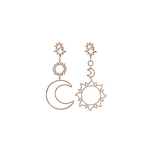 Bohemian Hollow Sun Moon Stars Asymmetric Big Drop Dangle Earrings for Women Jewelry-Gold
