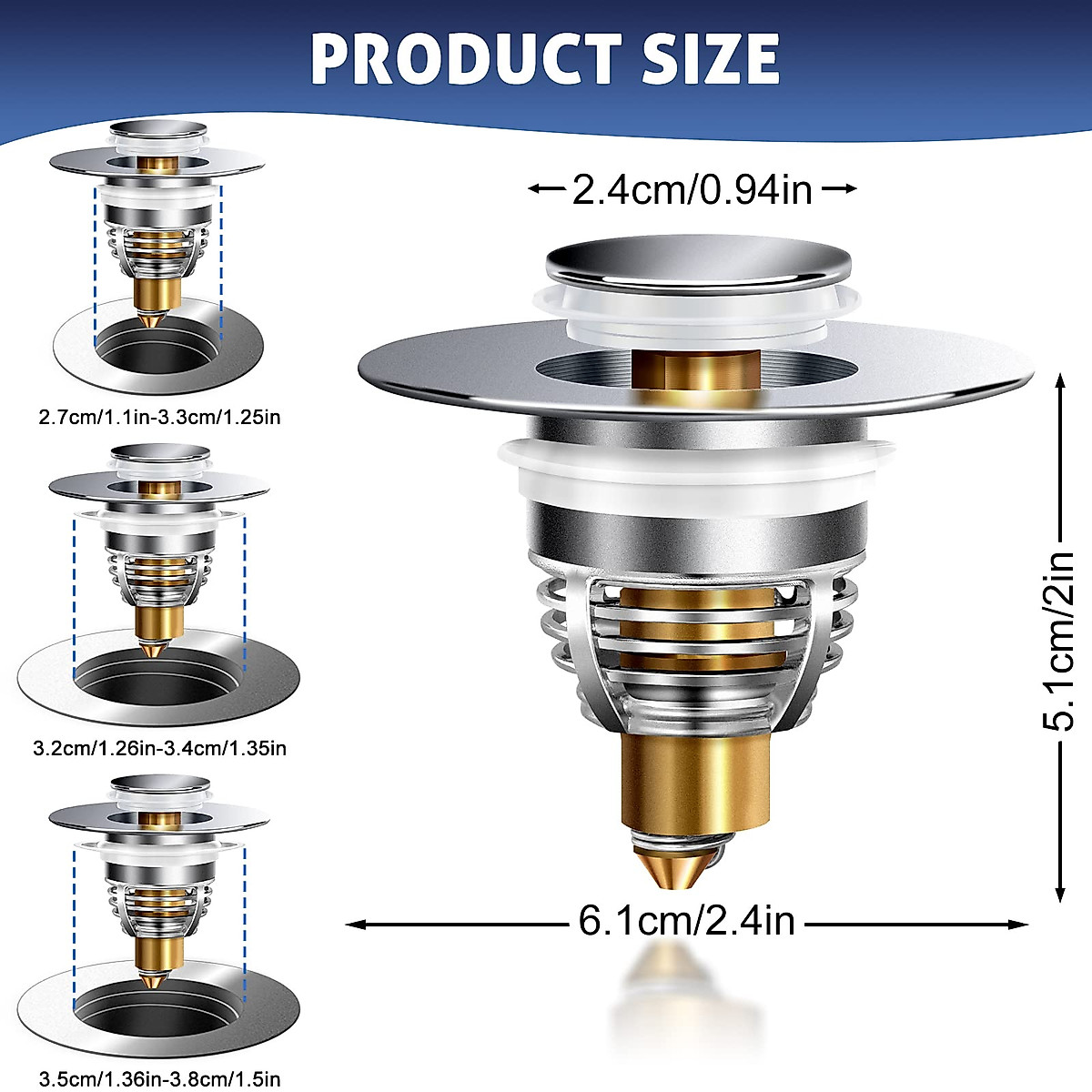 AURUZA 2 Pack Universal Bathroom Sink Stopper, Sink Strainer for 1.1-1.5 Inch Bullet Core Push Type Basin Pop Up Drain Filter,Bathtub Converter with Anti Clogging Filter Basket Hair Catcher