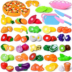 73PCS Cutting Play Food for Kids Kitchen Toys Food Cutting Fruits and Vegetables Accessories Xmas Gifts Toys for Toddlers Boys Girls with Storage Bag