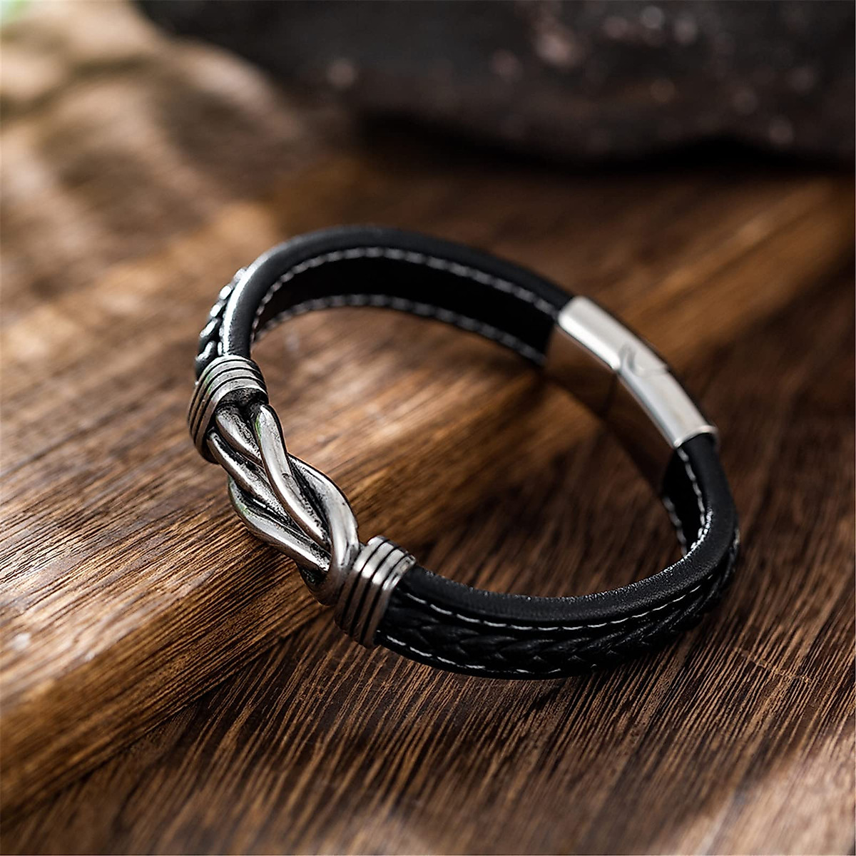 Mother and Son Forever Linked Together Braided Leather Bracelet， To My Son Bracelets from Mom Stainless Steel Interlocking Wristband Son Graduation Inspirational Birthday Jewelry Gift with Card Box,