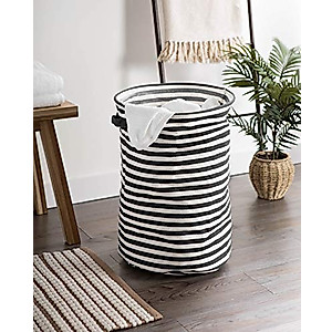 DII Laundry Storage Collection Cabana Stripe Collapsible and Waterproof Bins, Round Hamper, 13.75x20, Black