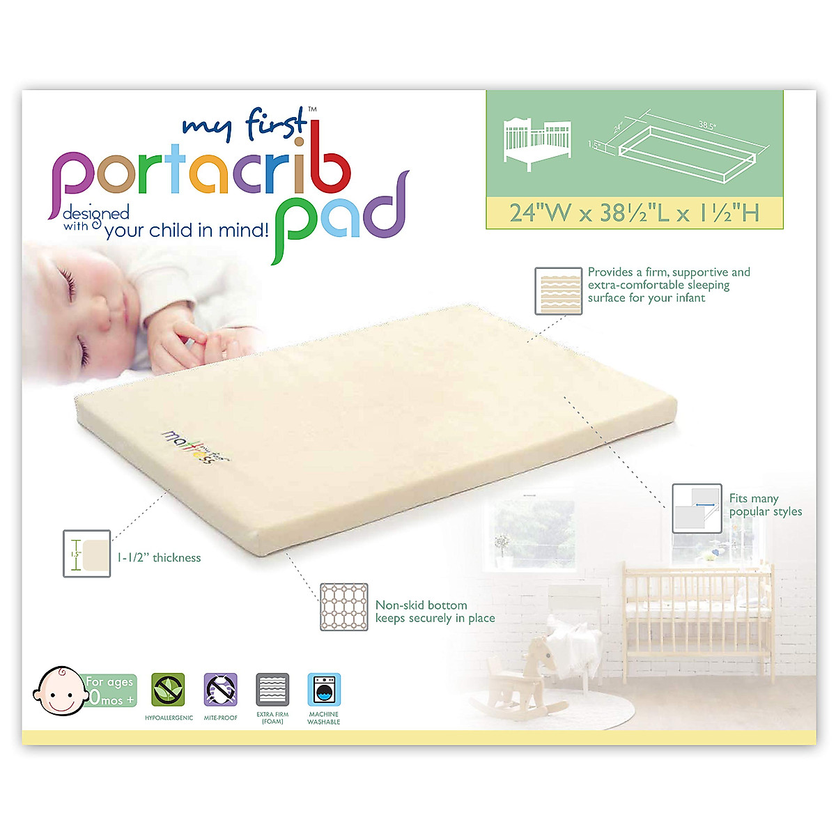 My First Pack N Play Mattress Pad or Mini Crib Pad, 37" x 26" x 1-1/2"