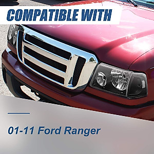 Auto Dynasty [Halogen Model 4Pcs Factory Style Headlight Lamps and Parking Lights Compatible with Ford Ranger 2001-2011, Driver and Passenger Side, Black Housing Clear Corner