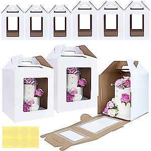Monrocco 6 Pack Tall Cake Boxes for Tier Cakes - Large Cake Box with Window and Handle in 2 Sizes 10x10x12 & 12x12x14 Inch, Tiered Cake box Disposable Cake Container for Wedding Party Birthday