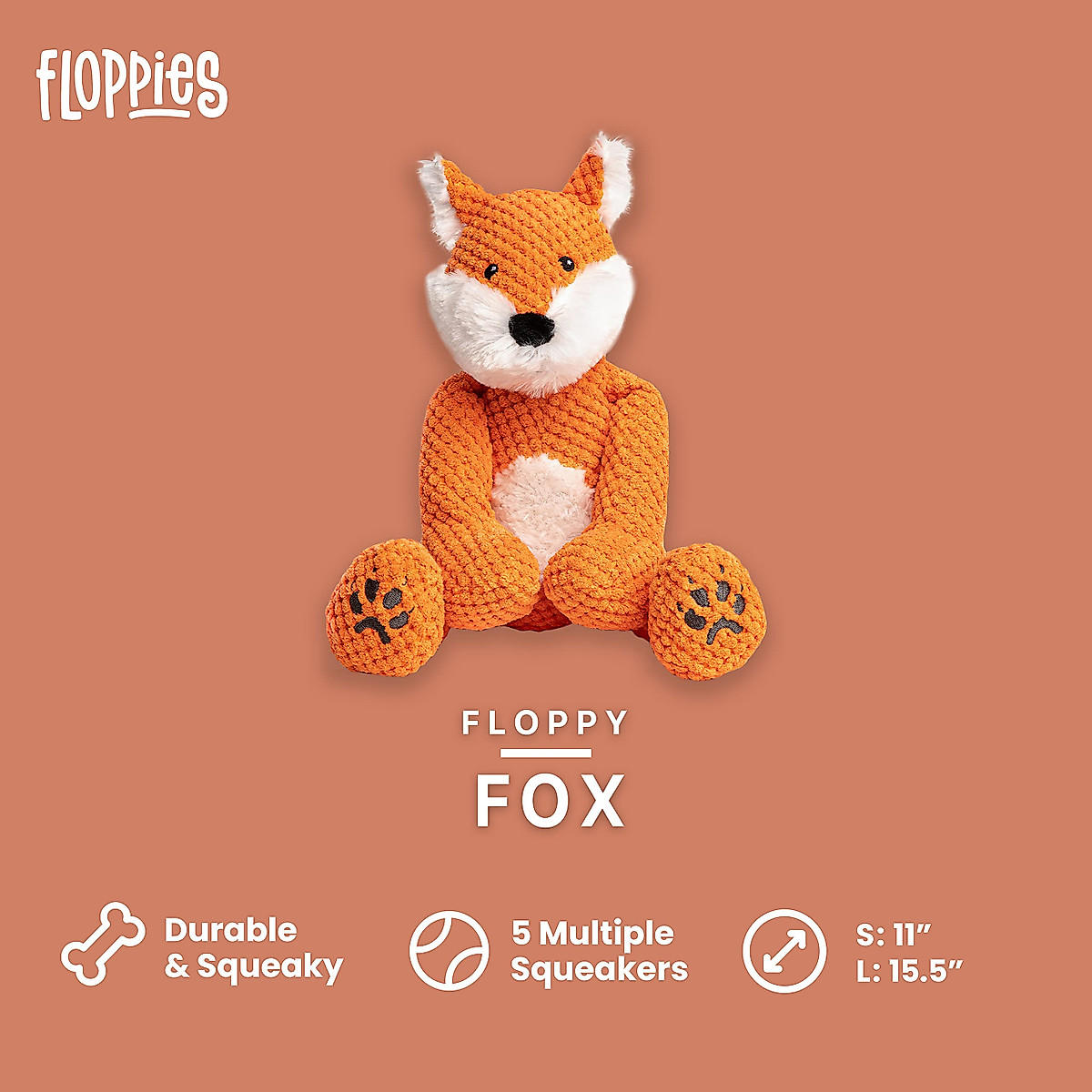 fabdog Floppies Plush Dog Toy - Cute & Durable Squeaky Dog Toys - Best Squeak Toy for Puppies and All Breeds | Ideal Pet Gift| Large Fox