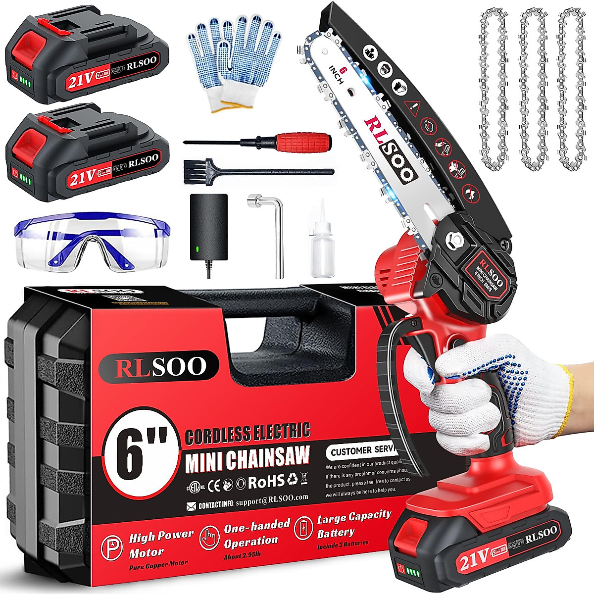 Mini Chainsaw, 6-Inch Electric Chainsaw Cordless, 2024 Upgraded Portable Handheld Small Chain saw for Wood Cutting, Tree Trimming, Courtyard, Household, and Garden (Includes 2 Batteries and 3 Chains)