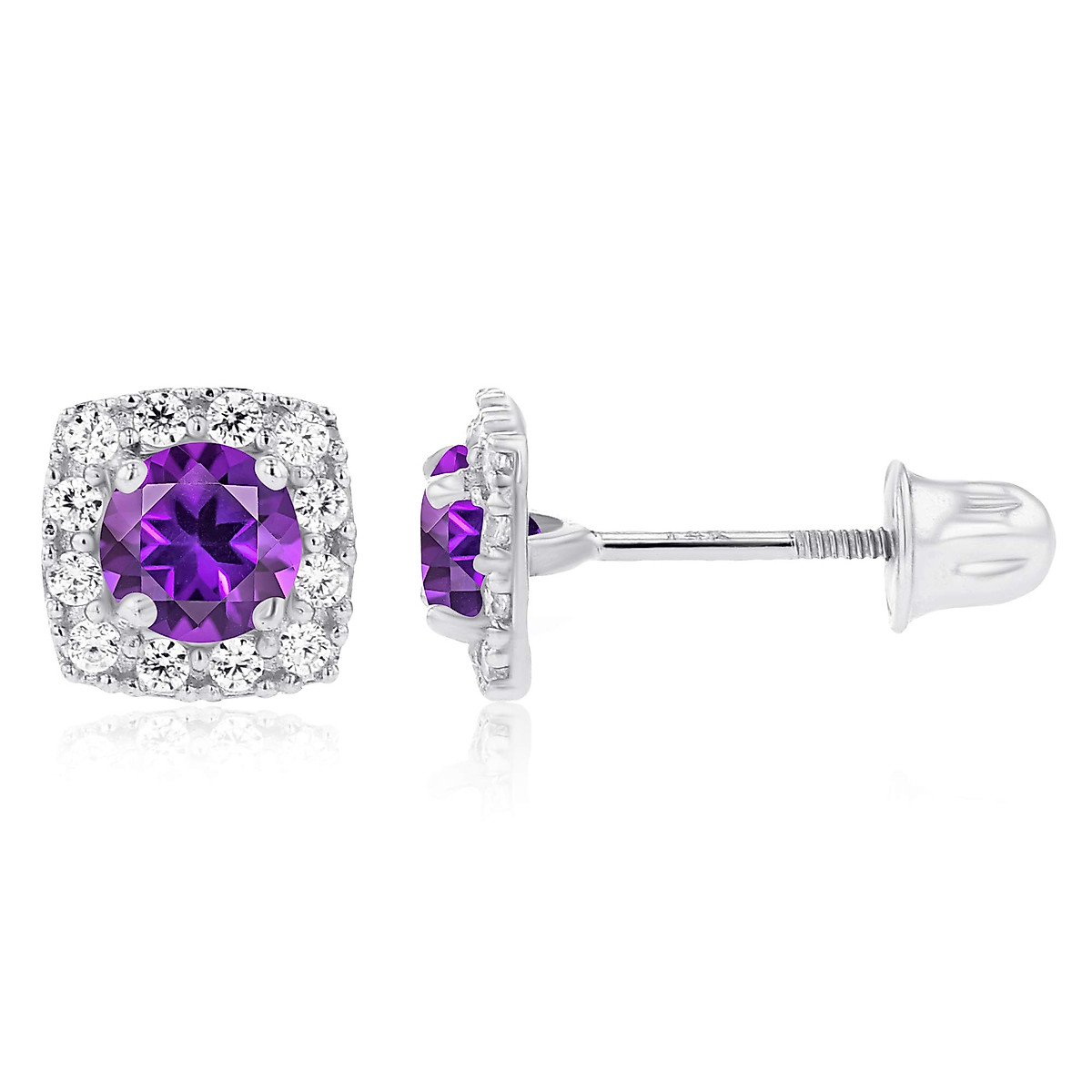 Solid 14K White Gold 4mm Natural Purple Amethyst February Birthstone & 1mm Created White Sapphire Cushion Halo Screwback Earrings For Women