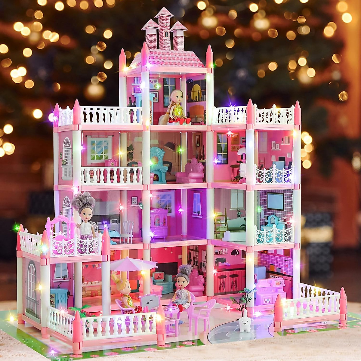 LUYE 4 Stories Dollhouse for Girls 2 3 4 5 6 7 8 Year Old - Huge Doll House w/ 4 Dolls Figure with Furniture, Accessories, LED Light, Princess Dream House Toys Gift for Toddler Kids 3+, Pink