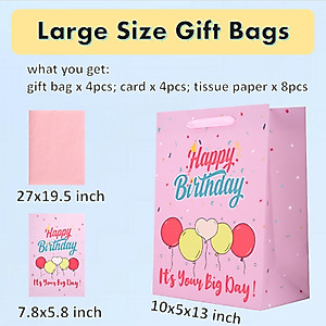 Ronvir 4Pcs Pink Gift Bags, Large Birthday Girl Gift Bags, Happy Birthday Gift Bags For Kids, Pink Gift Bags With Tissue Paper For Girls, 10x13x5 Inch