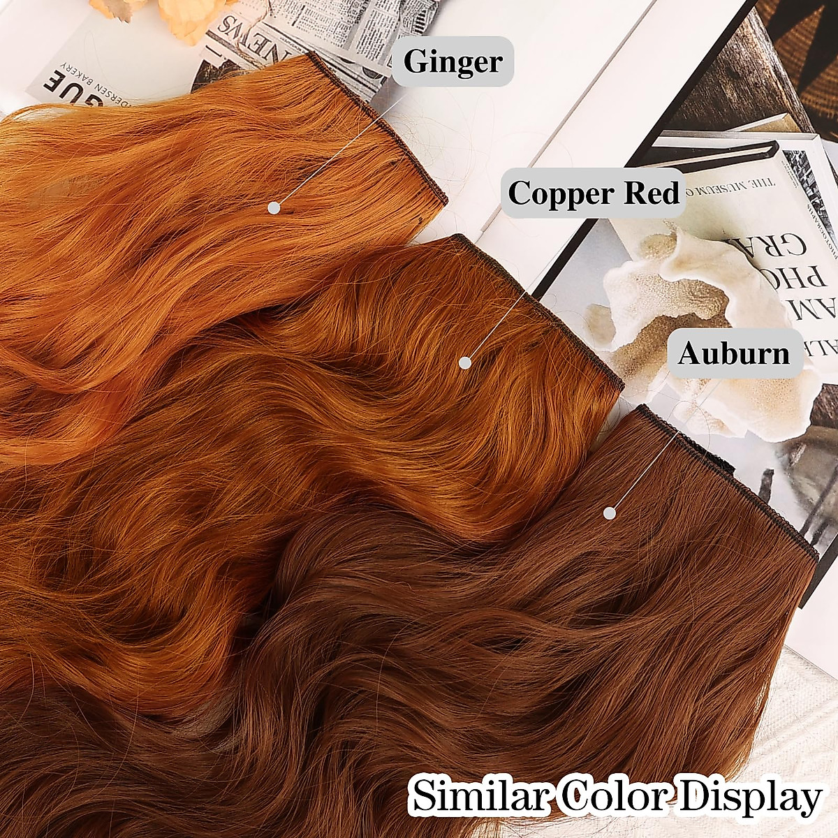 WECAN Clip In Hair Extensions 20 Inch 6pcs Copper Red Long Wavy Curly Hair Extensions Ginger Synthetic Fiber Double Weft Soft Hairpieces For Women Full Head