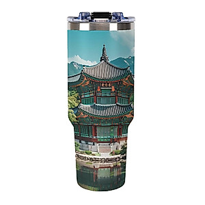 Korean Architecture Palace of Koreas Insulated Tumbler with Handle Stainless Steel Travel Coffee Mug with Lid And Straw 40oz
