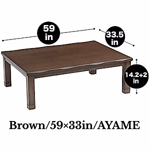 BJDesign Kotatsu - Japanese Heated Table - Wooden Chabudai Furniture with 120V Electric Heater - Low-Lying Dining and Work Desk with Temperature Control Knob (59x33in, Brown)