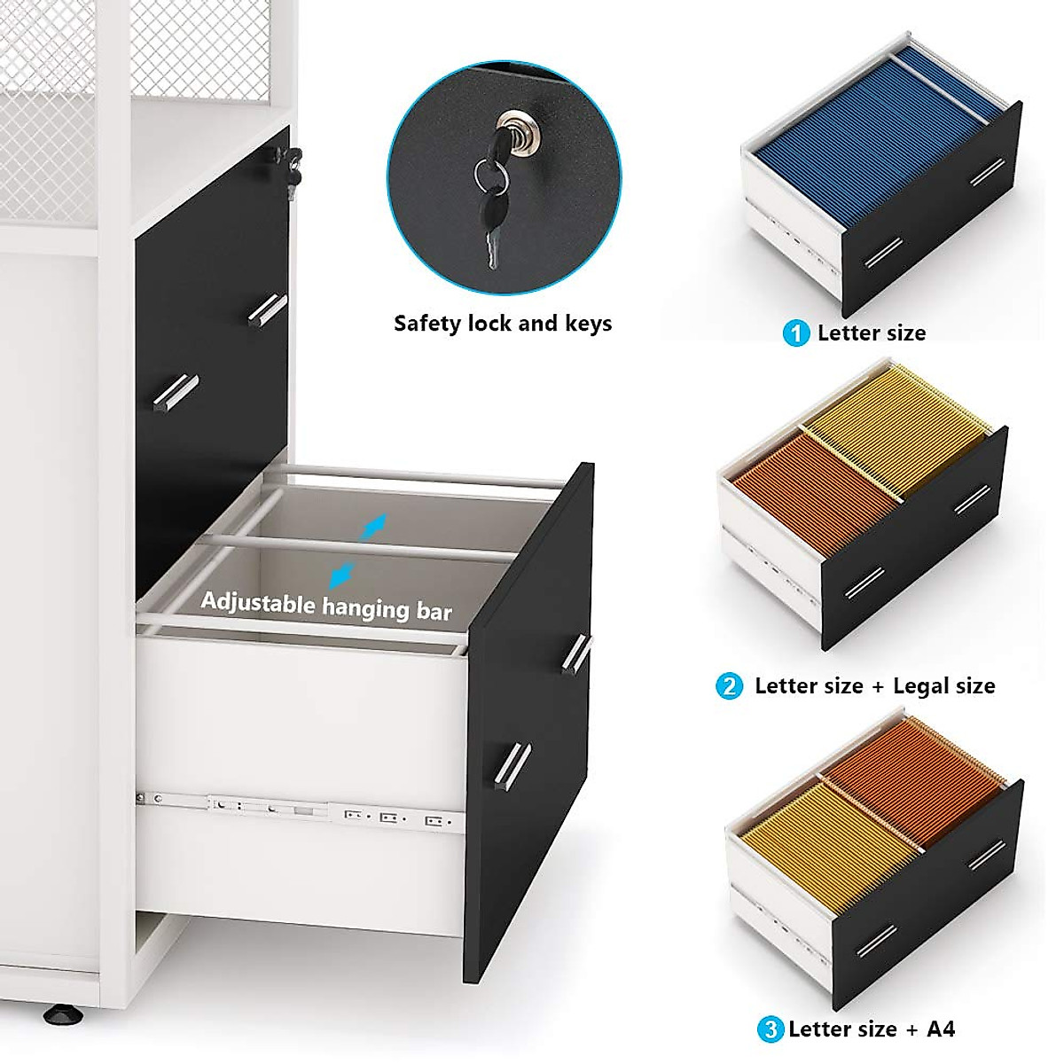 Tribesigns 2 Drawer Lateral File Cabinet with Lock, Letter/Legal / A4 Size, Large Modern Filing Cabinet Printer Stand with Metal Wire Open Storage Shelves for Office