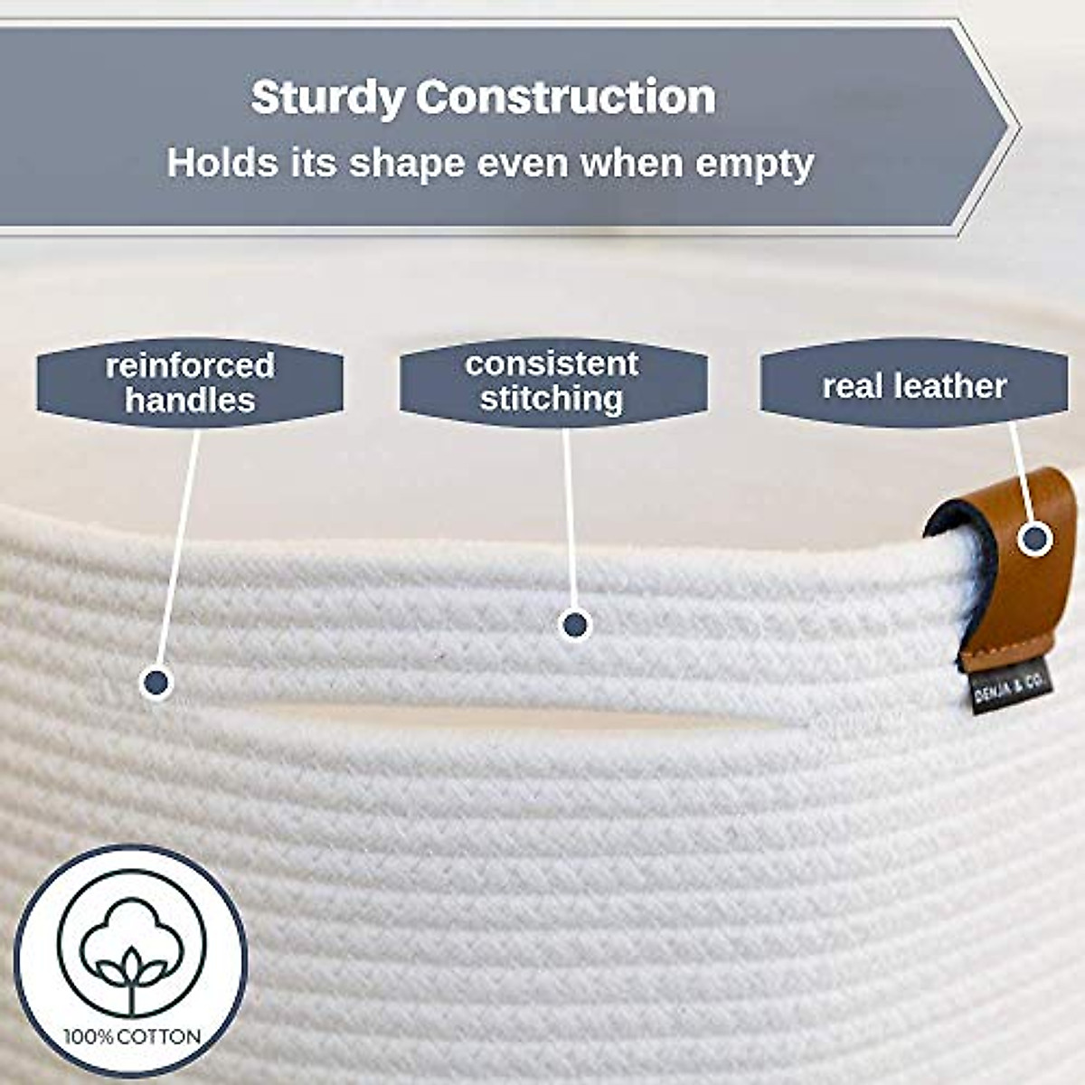 DENJA & CO Extra Large Blanket Basket for Living Room - White Farmhouse Woven Baskets for Storage | Cotton Rope Large Baskets for Blankets, Pillows, Toys, or Laundry | Ivory White (21" Wide x 13.8" Tall)