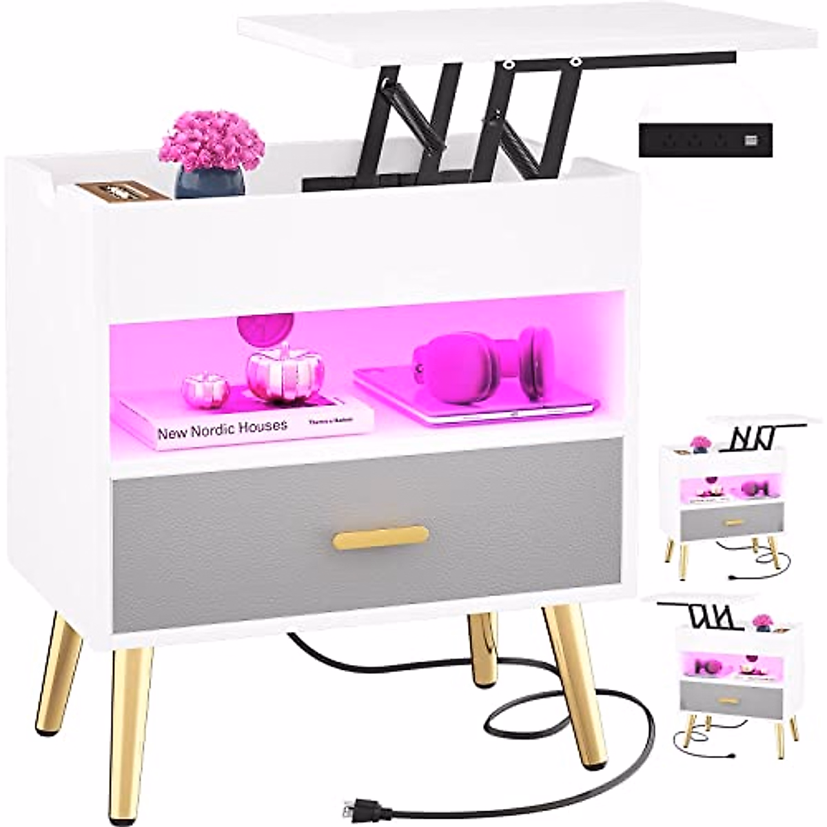 Cyclysio 35 Inches Nightstand with Reversible Lift Top, Large Night Stand with LED Lights, Tall Bedside Table with Charging Station, High End Side Table for Bedroom, Sofa Side, Living Room, White