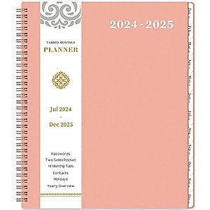 2024-2025 Monthly Planner - Monthly Planner 2024-2025, Jul. 2024 - Dec. 2025, 9" x 11", 18-Month Planner, Tabs & Pocket, Twin-Wire Binding - Rosy Pink