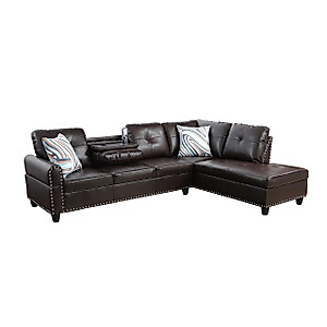 VURAX 3-Piece Faux Leather Sectional Sofas with Left Chaise Longue and Storage Ottoman, Button Tufted Upholstered Couch Set, for Living Room, Home, Office, 97inch, Dark Brown 1
