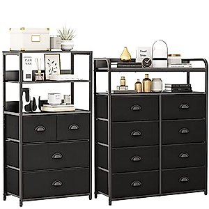 Furologee Black Vertical 4 Drawer Dresser Organizer with 3-Tiers Wood Shelf and Dresser 8 Drawers with Double Shelf Storage Organizer Unit for Bedroom/Living Room/Entryway