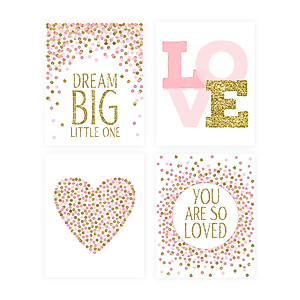Pink & Gold Positve Affirmation 8x10 Wall Art Set of 4 Love Nursery Toddler Girls Room Decorations Dream Big (NOT Real Glitter)