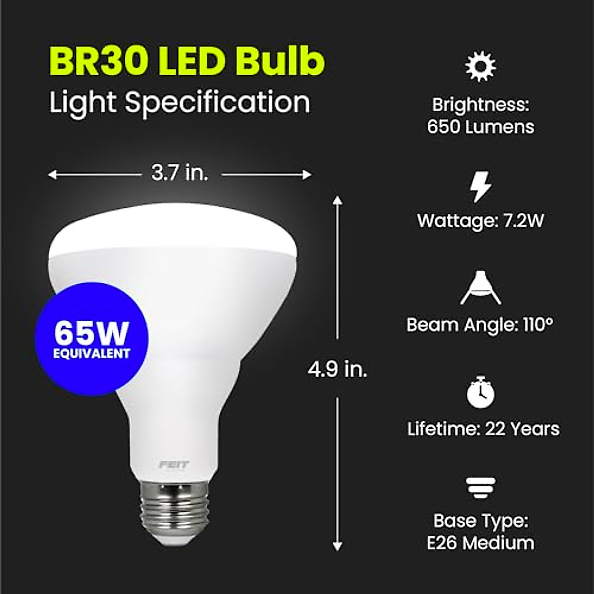 Feit Electric BR30 LED Light Bulb, 65W Equivalent, Dimmable, 650 Lumens, E26 Standard Base, 5000K Daylight, 90 CRI, Recessed Can Light Bulbs, 22 Year Lifetime, BR30DM/950CA/4, 4 Pack