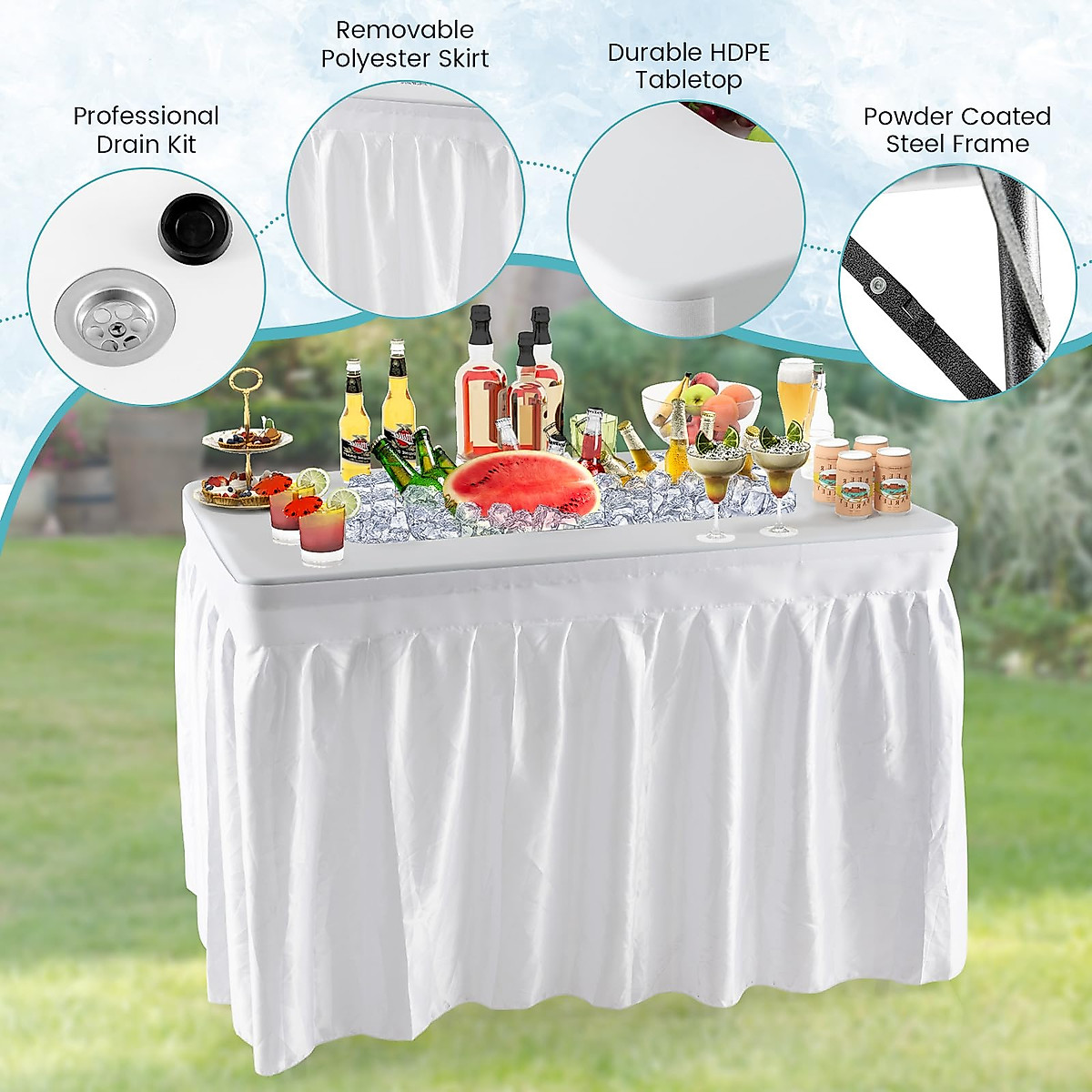 KOTEK Folding Ice Cooler Table with Drain and Skirt, Foldable Beverage Cooler Table Buffet Salad Cooler Server with Edge, Portable Chill Table for Party, Wedding, Picnic, Camping