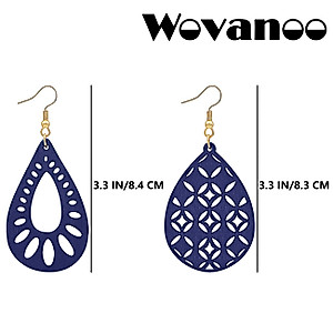 Wovanoo Wooden Cut-out Drop Earrings 2 Pairs Natural Wood Dangle Teardrop Jewelry Gifts Blue Oval