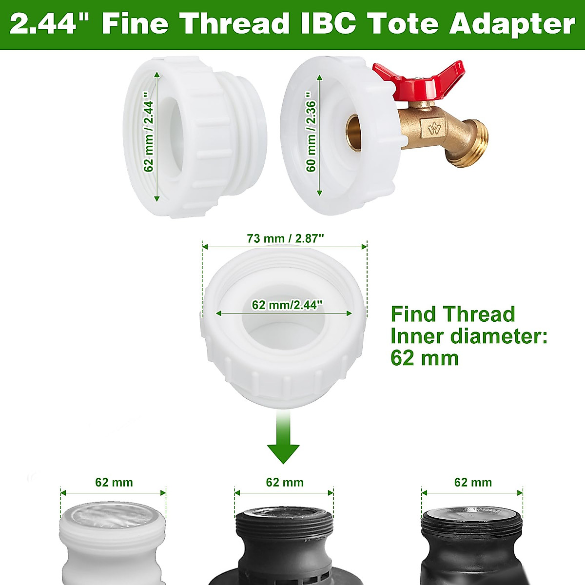 WADEO IBC Tote Adapter, 2.44" Fine Thread Adapter for 275-330 Gallon IBC Tote Tank, Brass Water Shut-Off Valve Faucet (1/2" Male NPT Inlet ×3/4" GHT Outlet) - with Garden Hose Quick Connector, White