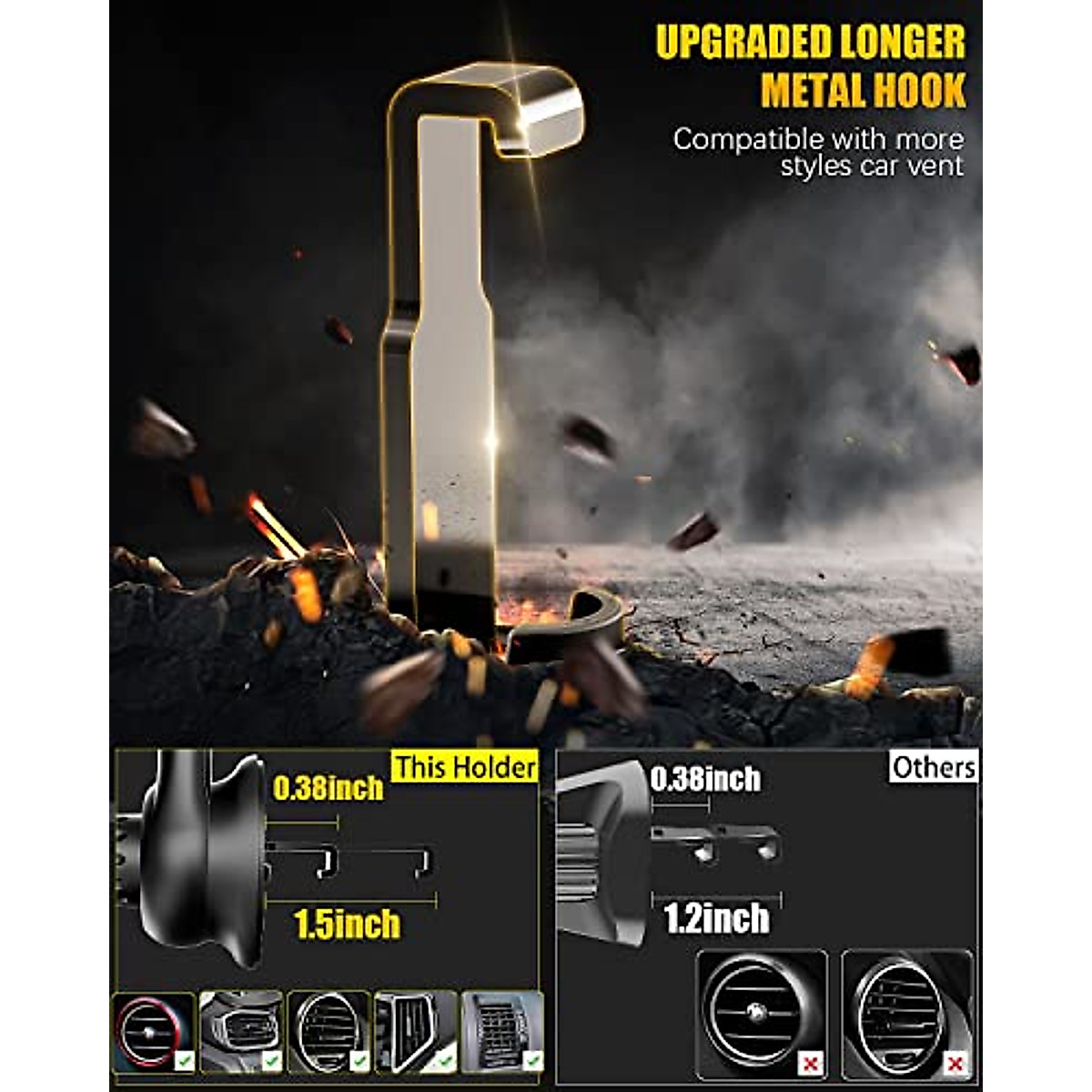 AiHiwvol Phone Holder for Car [Longer Steel Hook] Air Vent Car Phone Mount Universal Extension Arm Cell Phone Holder Car Vent Hands Free Clamp [Thick Case Friendly] Compatible with All Smartphones