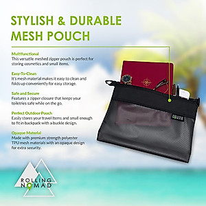 Rolling Nomad Large Zipper Pouch, Water-Resistant Mesh Bag, Black Travel Organizer, Toiletry, Storage, Cosmetics, Money Purse, Accesory, 14.2x10.2x0.4