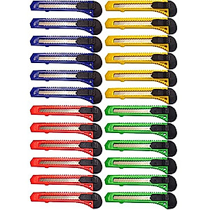 24 Box Cutter Utility Knife Tool with Retractable Snap off Razor Blade 6 Blue 6 Yellow 6 Red 6 Green
